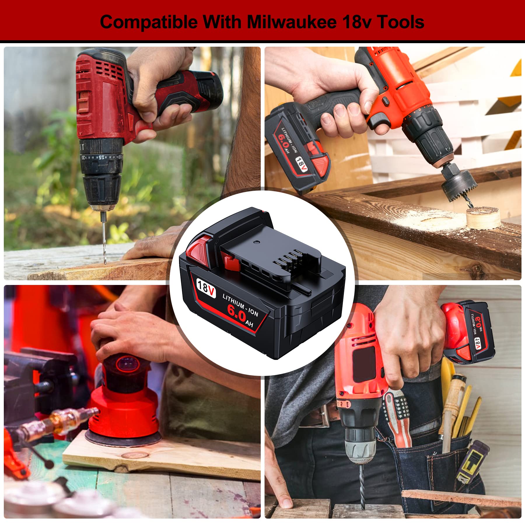 LONG FIT 2 Pack | Replace for Milwaukee M18 Battery 6.0Ah, Perfectly Compatible with Milwaukee Original Charger (48-11-1850)