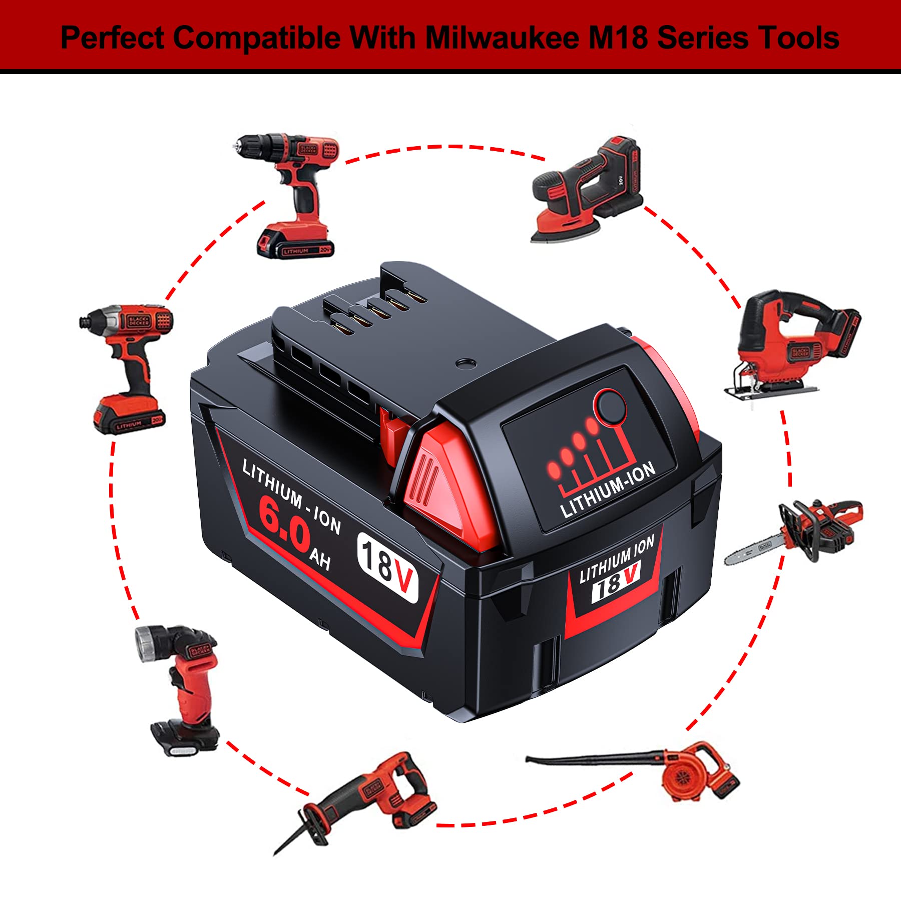 LONG FIT 2 Pack | Replace for Milwaukee M18 Battery 6.0Ah, Perfectly Compatible with Milwaukee Original Charger (48-11-1850)