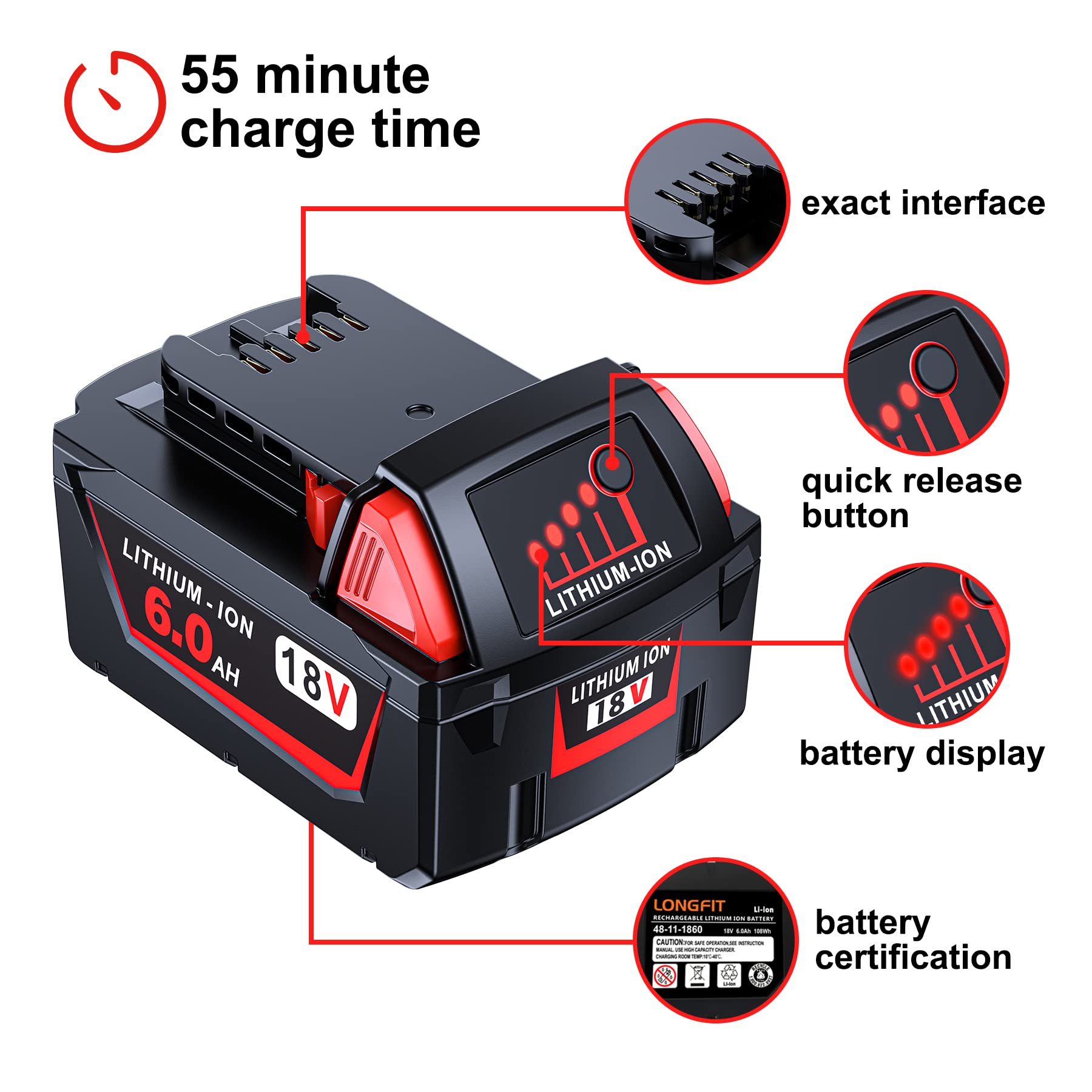 LONG FIT 2 Pack | Replace for Milwaukee M18 Battery 6.0Ah, Perfectly Compatible with Milwaukee Original Charger (48-11-1850)