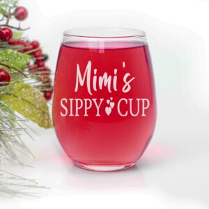 CARVELITA Mimi's Sippy Cup, 15oz Stemless Wine Glass, Funny Birthday Christmas Mother Day Gifts For New Grandma, Mimi, Grandmother, Mom, From Daughter, Son