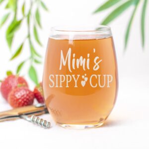 CARVELITA Mimi's Sippy Cup, 15oz Stemless Wine Glass, Funny Birthday Christmas Mother Day Gifts For New Grandma, Mimi, Grandmother, Mom, From Daughter, Son