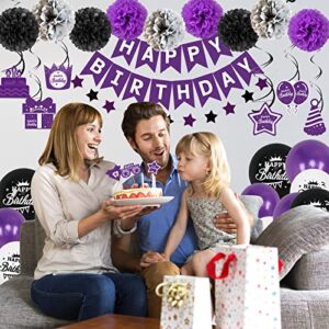 Birthday Decorations Purple for Girls and Women, Happy Birthday Party Decoration Balloons Banner Latex Balloon Supplies Tissue Paper Pom Pom Star Garland Hanging Swirls Birthday Decor for 13th 16th