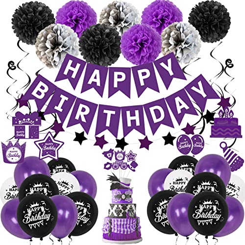 Birthday Decorations Purple for Girls and Women, Happy Birthday Party Decoration Balloons Banner Latex Balloon Supplies Tissue Paper Pom Pom Star Garland Hanging Swirls Birthday Decor for 13th 16th