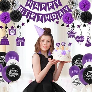 Birthday Decorations Purple for Girls and Women, Happy Birthday Party Decoration Balloons Banner Latex Balloon Supplies Tissue Paper Pom Pom Star Garland Hanging Swirls Birthday Decor for 13th 16th