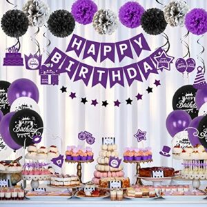 Birthday Decorations Purple for Girls and Women, Happy Birthday Party Decoration Balloons Banner Latex Balloon Supplies Tissue Paper Pom Pom Star Garland Hanging Swirls Birthday Decor for 13th 16th