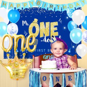 FVABO 1st Birthday Decorations Boy - First Birthday Baby Boy Decorations Include Balloon Box, Backdrop, Crown, Banner, High Chair Banner, Topper, For Baby First One Year Old Boy Party Supplies