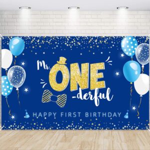 FVABO 1st Birthday Decorations Boy - First Birthday Baby Boy Decorations Include Balloon Box, Backdrop, Crown, Banner, High Chair Banner, Topper, For Baby First One Year Old Boy Party Supplies