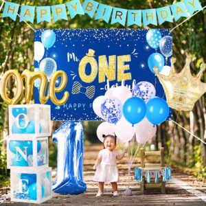 FVABO 1st Birthday Decorations Boy - First Birthday Baby Boy Decorations Include Balloon Box, Backdrop, Crown, Banner, High Chair Banner, Topper, For Baby First One Year Old Boy Party Supplies