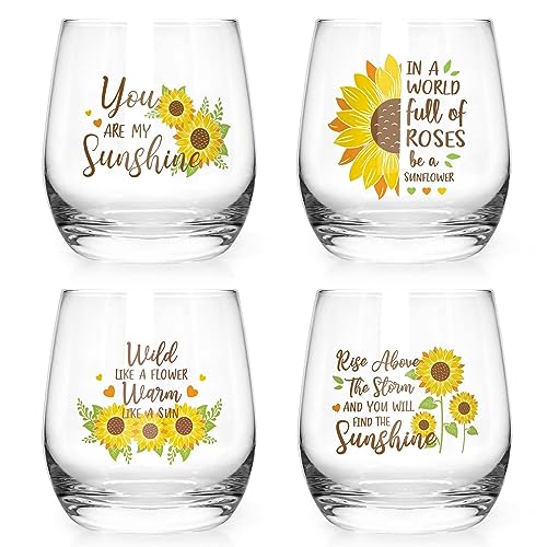 Nefelibata 4PCS Sunflower Wine Glasses 12oz Christmas Thanksgiving Gifts for Women Flower Print Tumblers Gift for Bridal Party Wedding You Are My Sunshine Whiskey Glasses