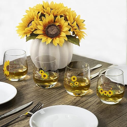 Nefelibata 4PCS Sunflower Wine Glasses 12oz Christmas Thanksgiving Gifts for Women Flower Print Tumblers Gift for Bridal Party Wedding You Are My Sunshine Whiskey Glasses