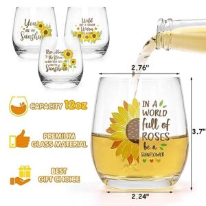 Nefelibata 4PCS Sunflower Wine Glasses 12oz Christmas Thanksgiving Gifts for Women Flower Print Tumblers Gift for Bridal Party Wedding You Are My Sunshine Whiskey Glasses