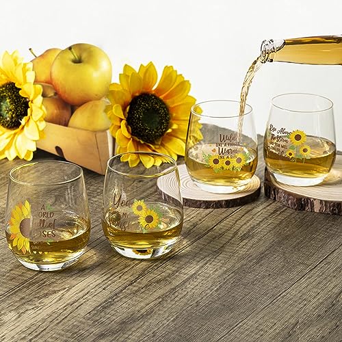 Nefelibata 4PCS Sunflower Wine Glasses 12oz Christmas Thanksgiving Gifts for Women Flower Print Tumblers Gift for Bridal Party Wedding You Are My Sunshine Whiskey Glasses