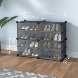 Shoe Rack Organizer, 4 Cube 8 Tier Covered Shoe Rack Cabinet 16 Pair Freestanding DIY Storage Shelves Plastic Shoe Rack for Closet Entryway Hallway Bedroom or Garage, Dark Grey