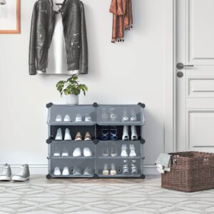 Shoe Rack Organizer, 4 Cube 8 Tier Covered Shoe Rack Cabinet 16 Pair Freestanding DIY Storage Shelves Plastic Shoe Rack for Closet Entryway Hallway Bedroom or Garage, Dark Grey