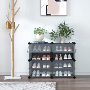 Shoe Rack Organizer, 4 Cube 8 Tier Covered Shoe Rack Cabinet 16 Pair Freestanding DIY Storage Shelves Plastic Shoe Rack for Closet Entryway Hallway Bedroom or Garage, Dark Grey