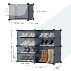 Shoe Rack Organizer, 4 Cube 8 Tier Covered Shoe Rack Cabinet 16 Pair Freestanding DIY Storage Shelves Plastic Shoe Rack for Closet Entryway Hallway Bedroom or Garage, Dark Grey