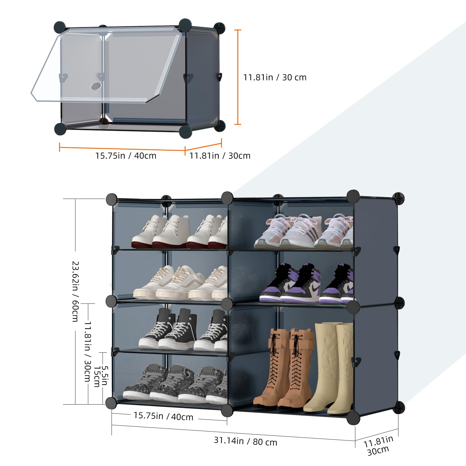 Shoe Rack Organizer, 4 Cube 8 Tier Covered Shoe Rack Cabinet 16 Pair Freestanding DIY Storage Shelves Plastic Shoe Rack for Closet Entryway Hallway Bedroom or Garage, Dark Grey