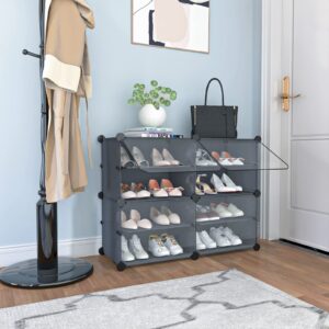 Shoe Rack Organizer, 4 Cube 8 Tier Covered Shoe Rack Cabinet 16 Pair Freestanding DIY Storage Shelves Plastic Shoe Rack for Closet Entryway Hallway Bedroom or Garage, Dark Grey