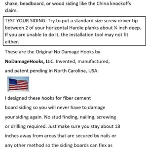 NoDamageHooks The Original for Fiber Cement Board siding ONLY! (4 Hooks and 1 Tool). Patented and Made in The USA. Also Available in 8 and 12 Packs.