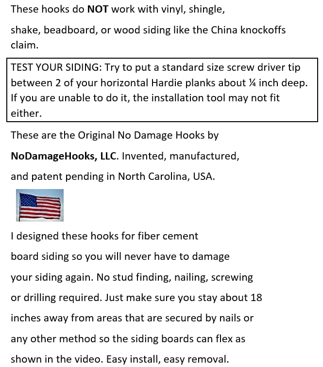 NoDamageHooks The Original for Fiber Cement Board siding ONLY! (4 Hooks and 1 Tool). Patented and Made in The USA. Also Available in 8 and 12 Packs.