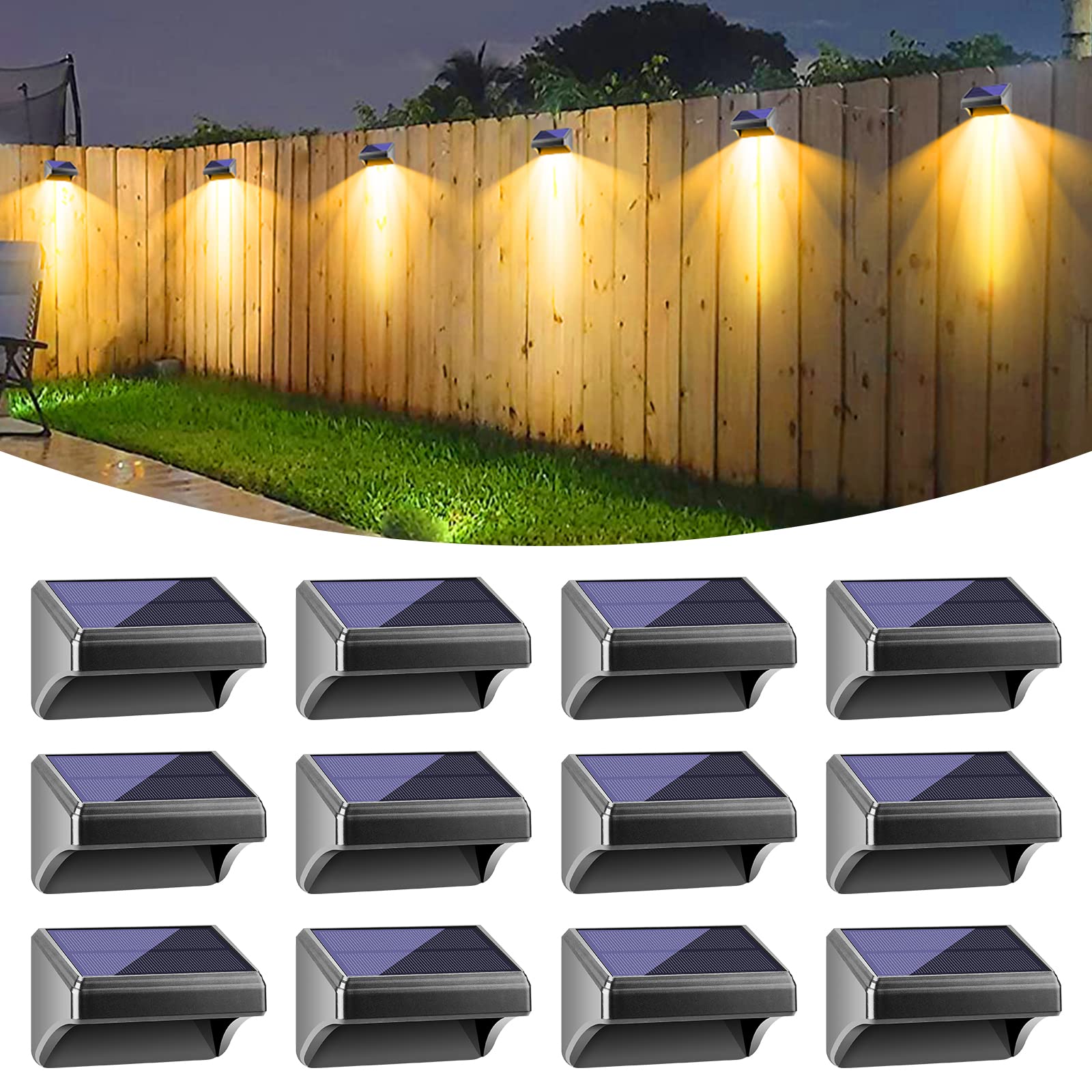 Bridika Solar Fence Lights, Fence Lights Fence Solar Lights Outdoor Waterproof Warm White & Color Glow LED Solar Lights for Backyard, Patio, Deck Railing, Stair Handrail, Pool and Wall (12 Packs)