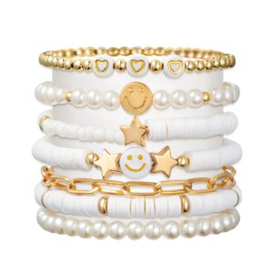 lietoi 7pcs preppy heishi bracelets white gold smile heart star beaded surfer bracelets polymer clay stackable disc summer beach layering bracelets y2k stretch boho jewelry for women girls