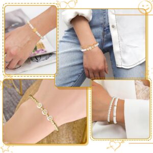 LieToi 7Pcs Preppy Heishi Bracelets White Gold Smile Heart Star Beaded Surfer Bracelets Polymer Clay Stackable Disc Summer Beach Layering Bracelets Y2K Stretch Boho Jewelry for Women Girls