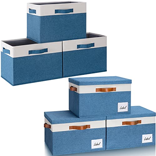 GhvyenntteS Storage Bins (6-Pack) Large Closet Storage Bins with Lid and 3 Handles, Sturdy Fabric Cube Storage Boxes with Label Window for Home Bedroom Office (Blue, 15" x 11" x 9.6")