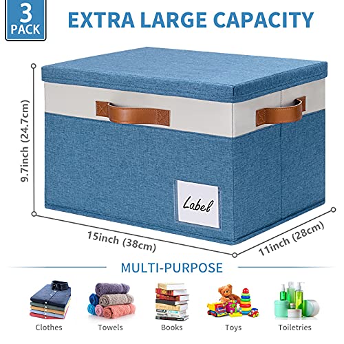 GhvyenntteS Storage Bins (6-Pack) Large Closet Storage Bins with Lid and 3 Handles, Sturdy Fabric Cube Storage Boxes with Label Window for Home Bedroom Office (Blue, 15" x 11" x 9.6")