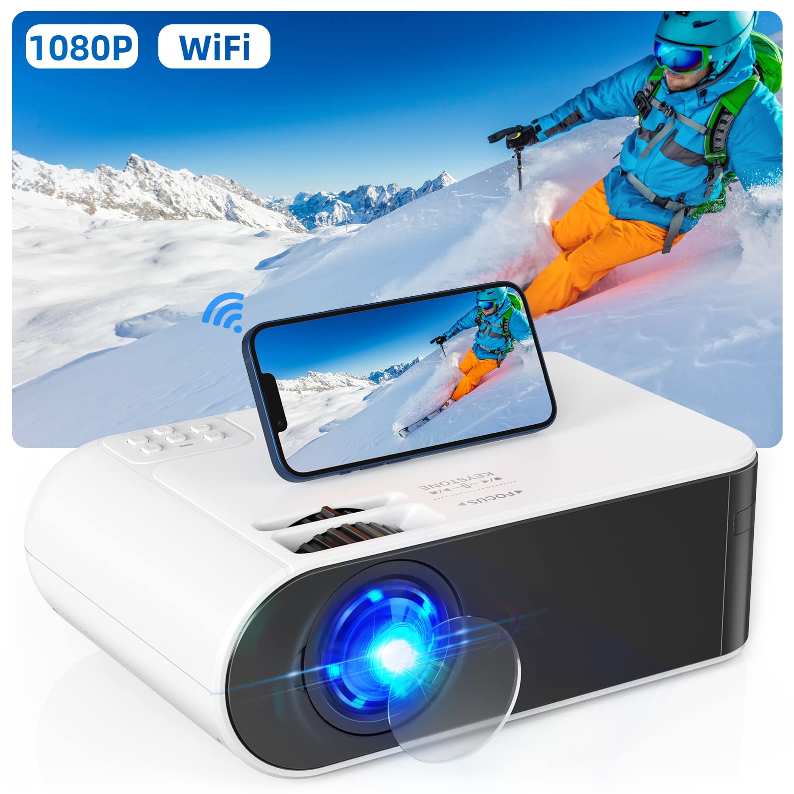 Mini Projector, FHD 1080P Portable Projector with WiFi and Bluetooth 7500 Lumen Outdoor Video Projector Home Theater Movie Projector Compatible with iOS/Android TV Stick Laptop PC HDMI VGA