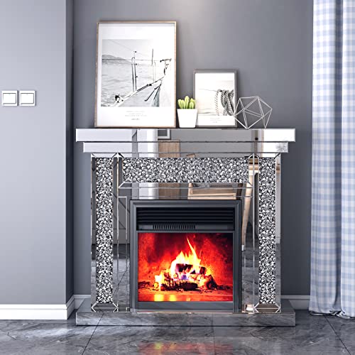 Muzz Mirrored Electronic Fireplace, Freestanding Fireplace Heater with 3D Realistic Flame Effect, Electric Heater with Remote Control for Living Room ( Silver with Crystal), 47.2x12.6x41.7 inches