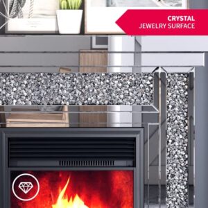 Muzz Mirrored Electronic Fireplace, Freestanding Fireplace Heater with 3D Realistic Flame Effect, Electric Heater with Remote Control for Living Room ( Silver with Crystal), 47.2x12.6x41.7 inches