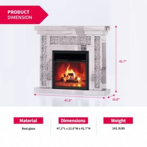 Muzz Mirrored Electronic Fireplace, Freestanding Fireplace Heater with 3D Realistic Flame Effect, Electric Heater with Remote Control for Living Room ( Silver with Crystal), 47.2x12.6x41.7 inches