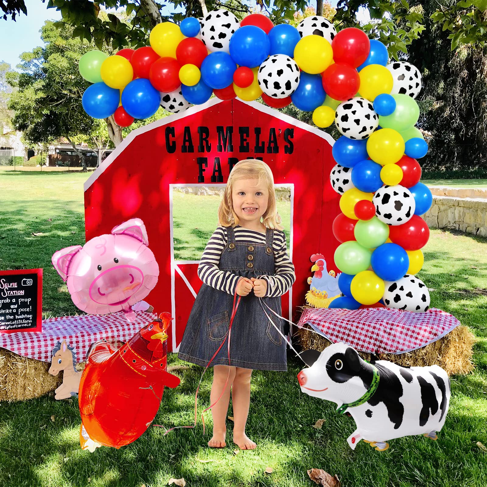 Golray 91Pcs Farm Animals Party Decorations Supplies, Farm Barn Animal Backdrop Farmhouse Decor Tablecloth Cow Print Horse Balloon Arch Garland Kit 1st Baby Shower Birthday Party Supply for Kids Girls