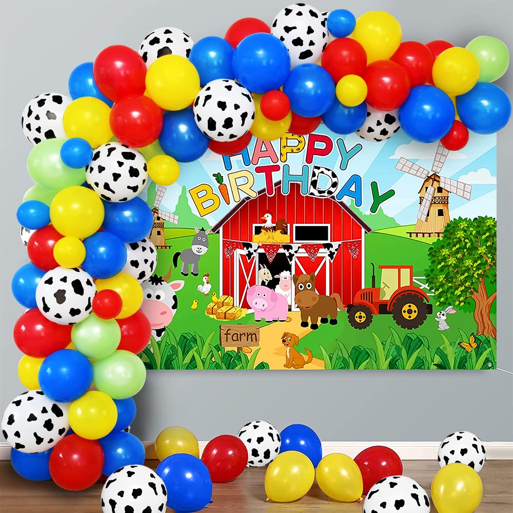 Golray 91Pcs Farm Animals Party Decorations Supplies, Farm Barn Animal Backdrop Farmhouse Decor Tablecloth Cow Print Horse Balloon Arch Garland Kit 1st Baby Shower Birthday Party Supply for Kids Girls