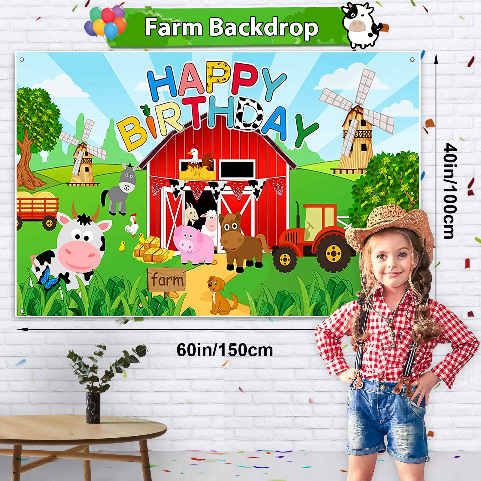 Golray 91Pcs Farm Animals Party Decorations Supplies, Farm Barn Animal Backdrop Farmhouse Decor Tablecloth Cow Print Horse Balloon Arch Garland Kit 1st Baby Shower Birthday Party Supply for Kids Girls