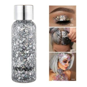 mermaid sequins body glitter gel, make up long lasting glitter for body face hair eyeshadow, music festival party carnival long lasting face glitter, no glue needed and easy to remove. (silver)