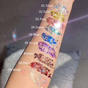 Mermaid Sequins Body Glitter Gel, Make Up Long Lasting Glitter for Body Face Hair Eyeshadow, Music Festival Party Carnival Long Lasting Face Glitter, No Glue Needed and Easy to Remove. (Silver)