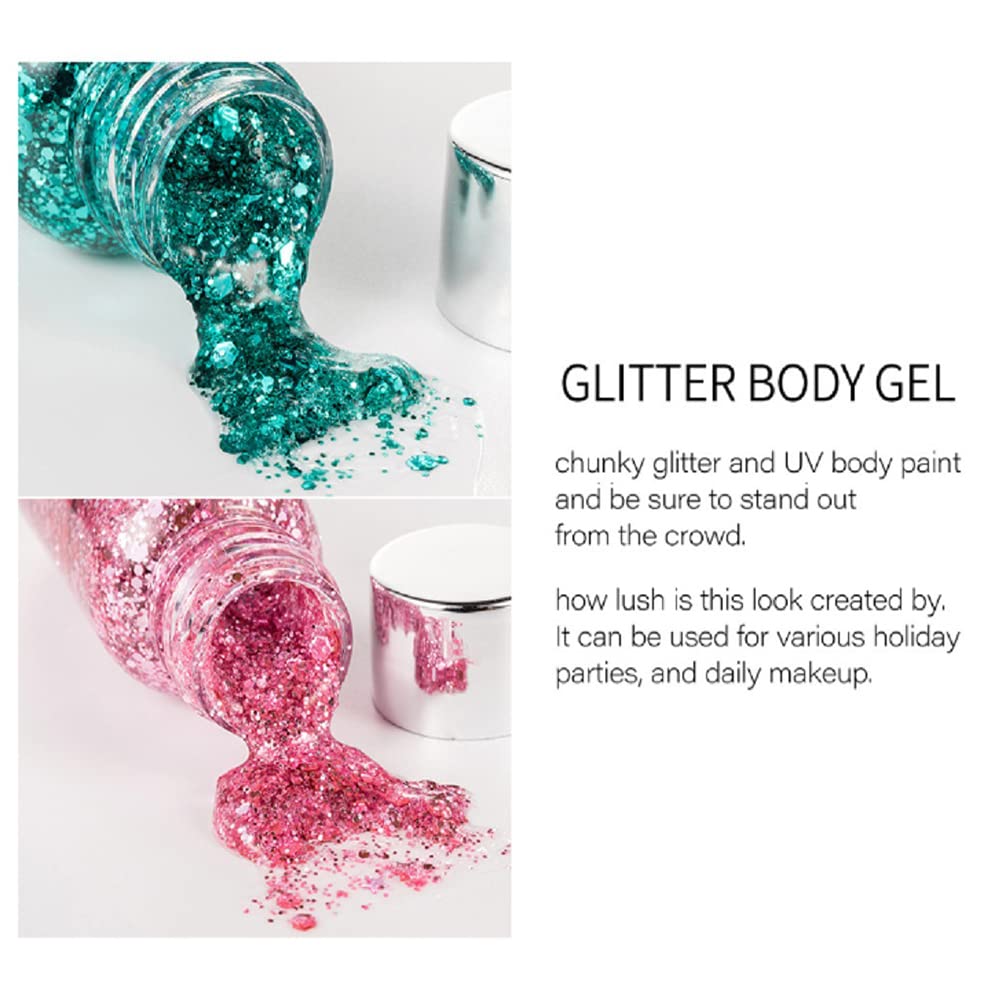 Mermaid Sequins Body Glitter Gel, Make Up Long Lasting Glitter for Body Face Hair Eyeshadow, Music Festival Party Carnival Long Lasting Face Glitter, No Glue Needed and Easy to Remove. (Silver)