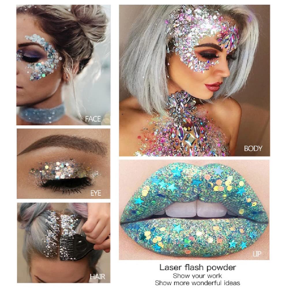 Mermaid Sequins Body Glitter Gel, Make Up Long Lasting Glitter for Body Face Hair Eyeshadow, Music Festival Party Carnival Long Lasting Face Glitter, No Glue Needed and Easy to Remove. (Silver)