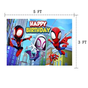 Spidey and His Amazing Friends Backdrop, Cartoon Superhero Spiderman Themed Photography Backdrops for Girl Kids Happy Birthday Party Photo Background (5X3FT)