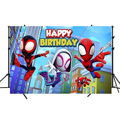 Spidey and His Amazing Friends Backdrop, Cartoon Superhero Spiderman Themed Photography Backdrops for Girl Kids Happy Birthday Party Photo Background (5X3FT)