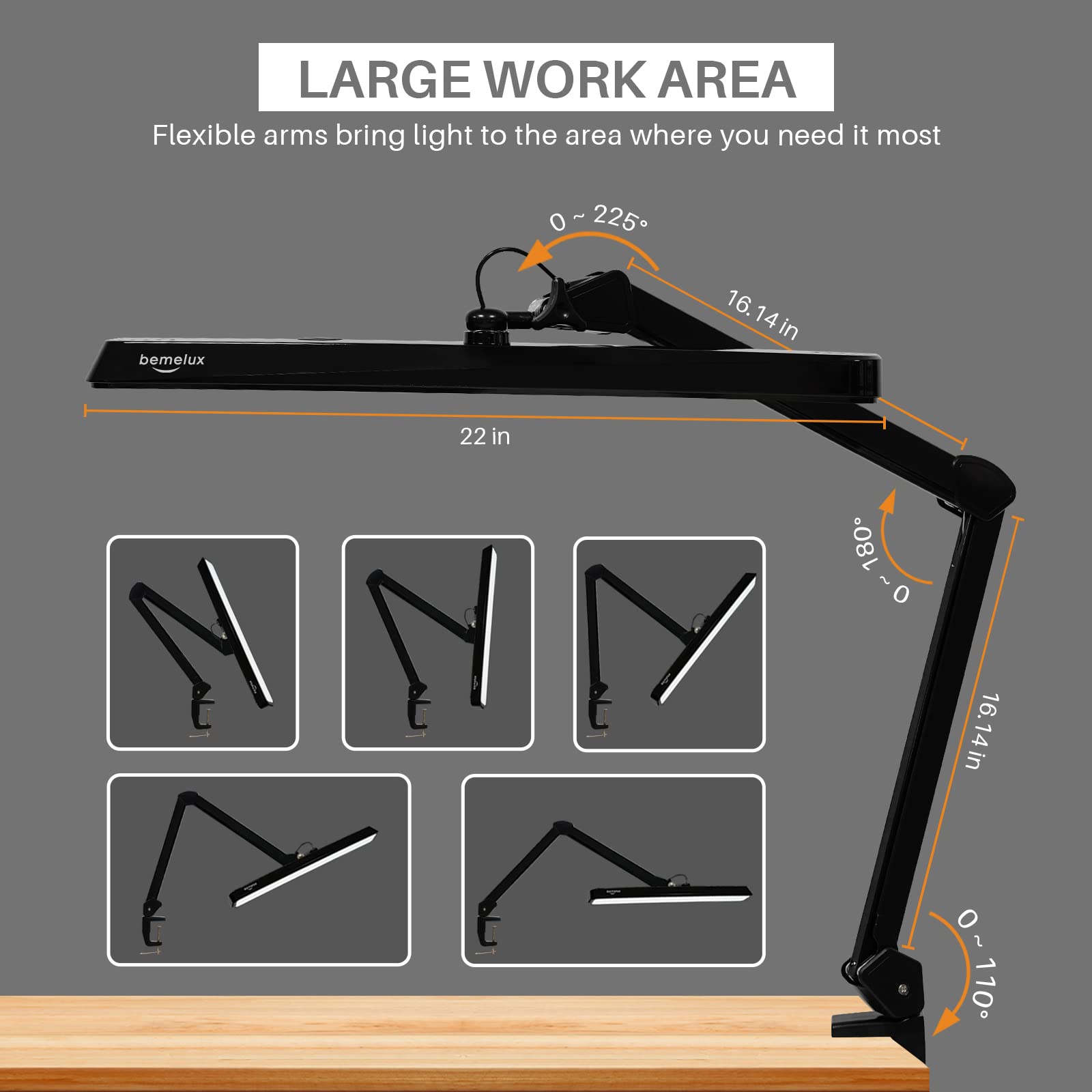 bemelux LED Architect Desk Lamp with Clamp, Metal Swing Arm 2000 Lumens Dimming Office Table Lamp for Task Work Drafting Reading Desktop, 234PCS Bright LEDs, 24W, 5 Color Temperatures Workbench Lamp