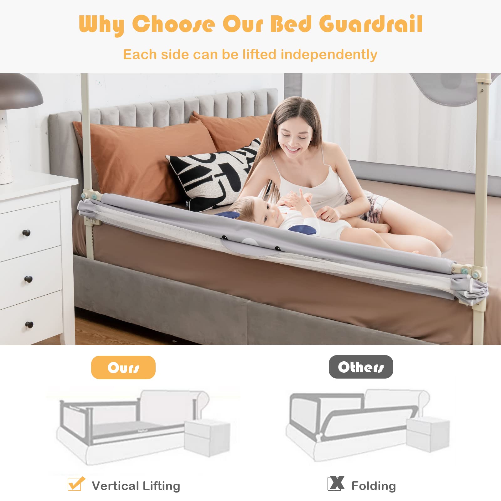 HONEY JOY Bed Rail for Toddlers, 57-in Extra Long, Portable Safety Bed Guardrail w/Double Safety Child Lock, Foldable Baby Bed Rail Guard, Fit King & Queen Full Twin Size Bed Mattress (57 INCH, Gray)