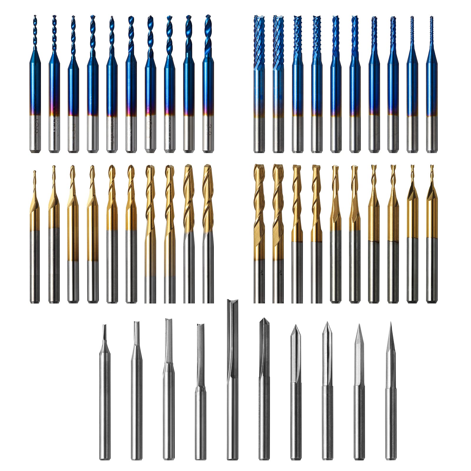 Genmitsu 50pcs Tungsten Carbide End Mill Router Bits, 1/8'' Shank CNC Bit Set Including 2-Flute Straight Bit, Flat Nose & Ball Nose End Mill, PCB Drill & V-Groove Engraving Bits, Nano Blue Coat, MC50A