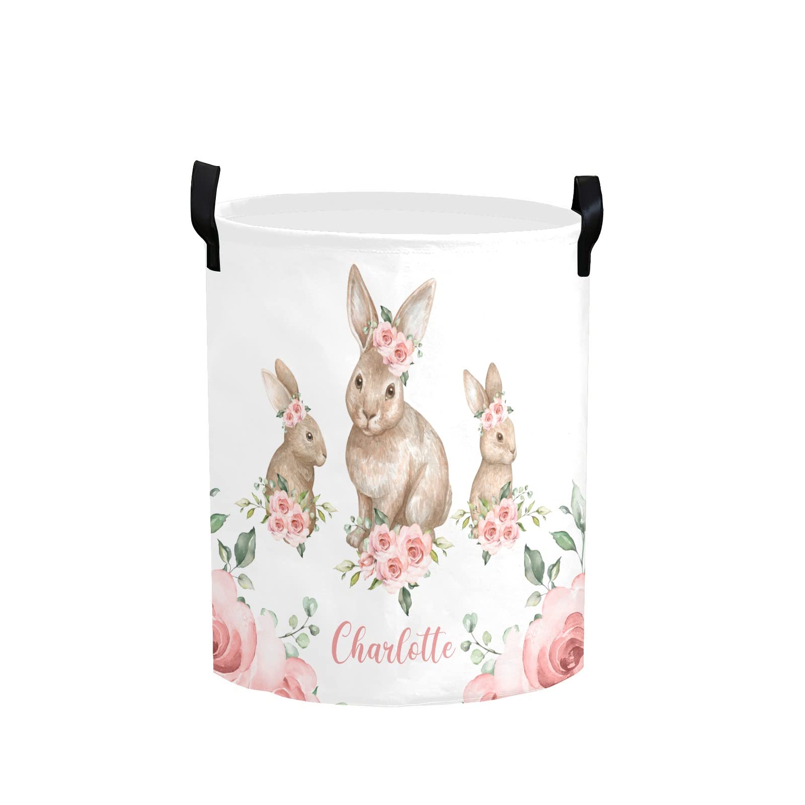 Personalized Laundry Basket Hamper,Floral Bunny Rabbit,Collapsible Storage Baskets with Handles for Kids Room,Clothes, Nursery Decor