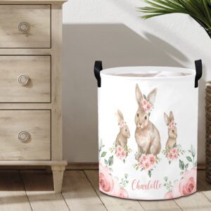 Personalized Laundry Basket Hamper,Floral Bunny Rabbit,Collapsible Storage Baskets with Handles for Kids Room,Clothes, Nursery Decor