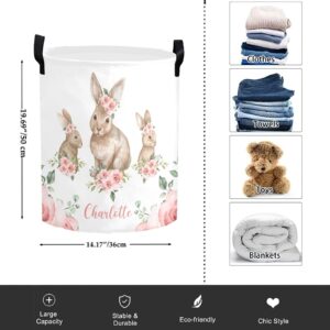 Personalized Laundry Basket Hamper,Floral Bunny Rabbit,Collapsible Storage Baskets with Handles for Kids Room,Clothes, Nursery Decor