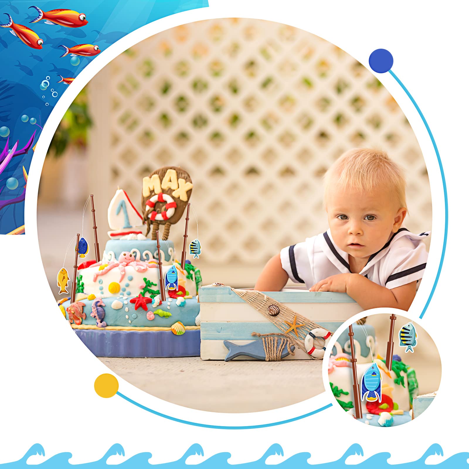 36 Pcs Fishing Birthday Party Decorations Fish Cupcake Pole Picks Fishing Themed Party Supplies Little Fisherman Tropical Appetizer Pick Cocktail Decoration for Drink Baby Shower Party Favor Kids