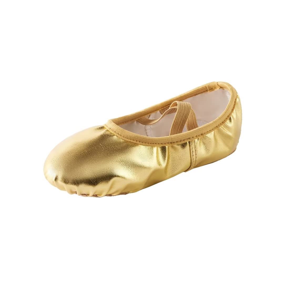 Polka Dot Leather Ballet Belly Slippers Dance Shoes Split-Sole Gymnastics Yoga Shoes(7, Gold Band)